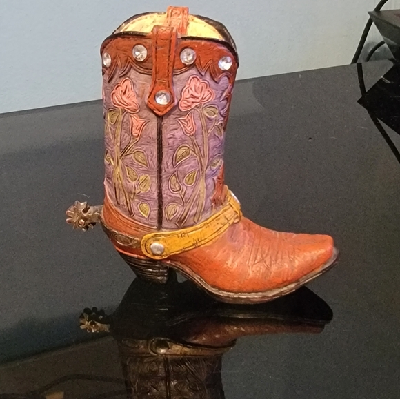 unknown | Art | Cowgirl Resin Boot Floral Rhinestone Pink Purple Brown ...